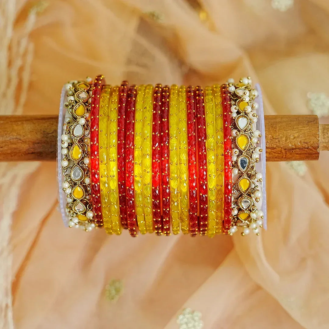 Traditional Glass Bangle Set with Kundan Metal Kada & Pearl for Women ...
